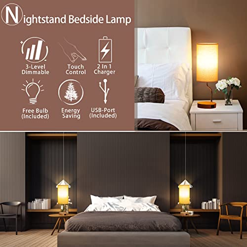 Unfusne Touch Control Lamps for Bedrooms Set of 3, 3-Way Dimmable Nightstand Lamps, 2 * Small Bedside Wireless Charging Lamp, 1* Crystal Lamp with USB Port