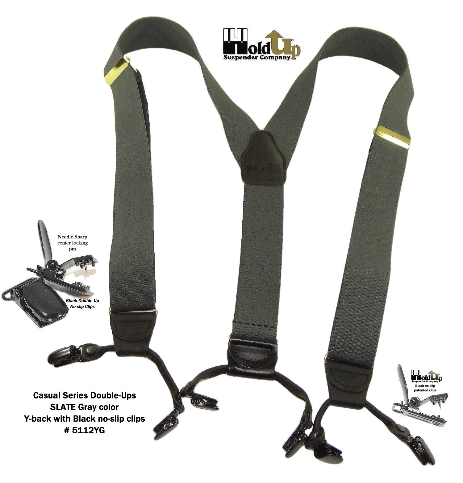 Holdup Brand Casual series Slate Dual Clip Double-Up style Suspenders for Men withNo-SlipĀ® black clips