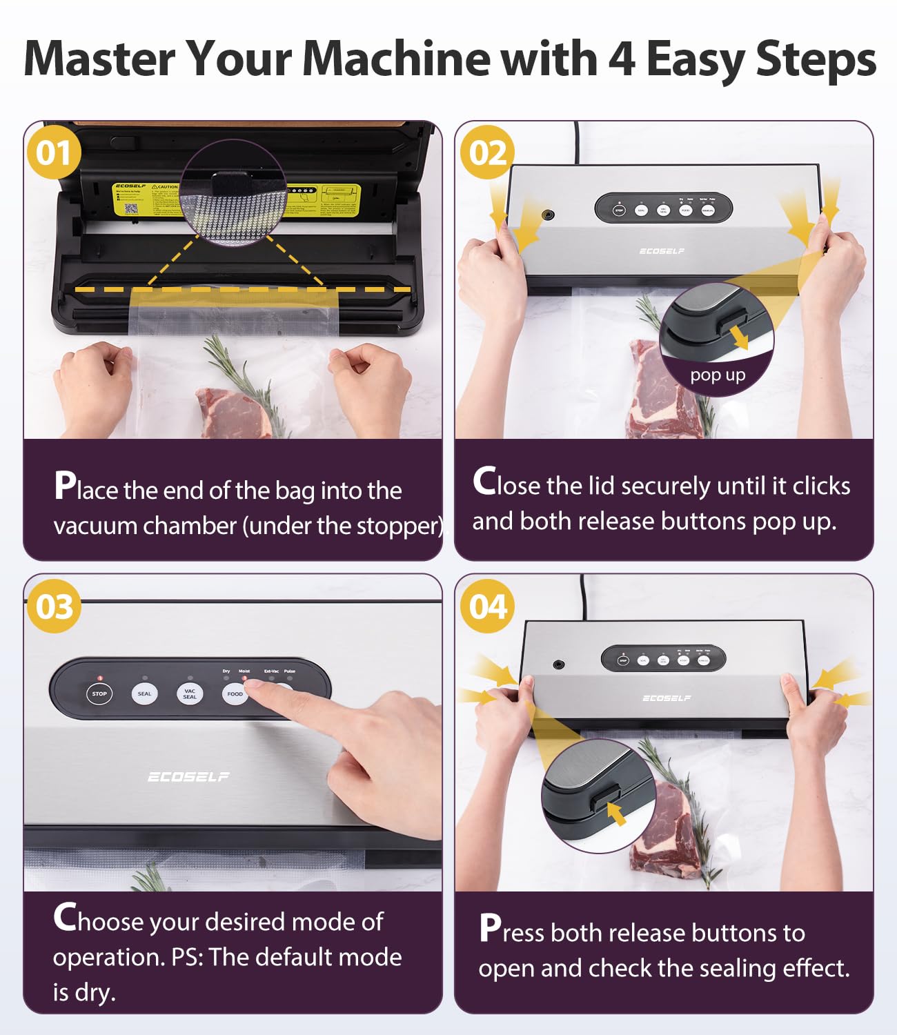 Vacuum Sealer Machine, with 8-in-1 Function& Detachable Tray& Cutter& 10 Bags, Food Vacuum Sealer Saver Machine for Food Storage & Sous Vide,Automatic Sealing Machine,EXT-VAC,Stainless Steel