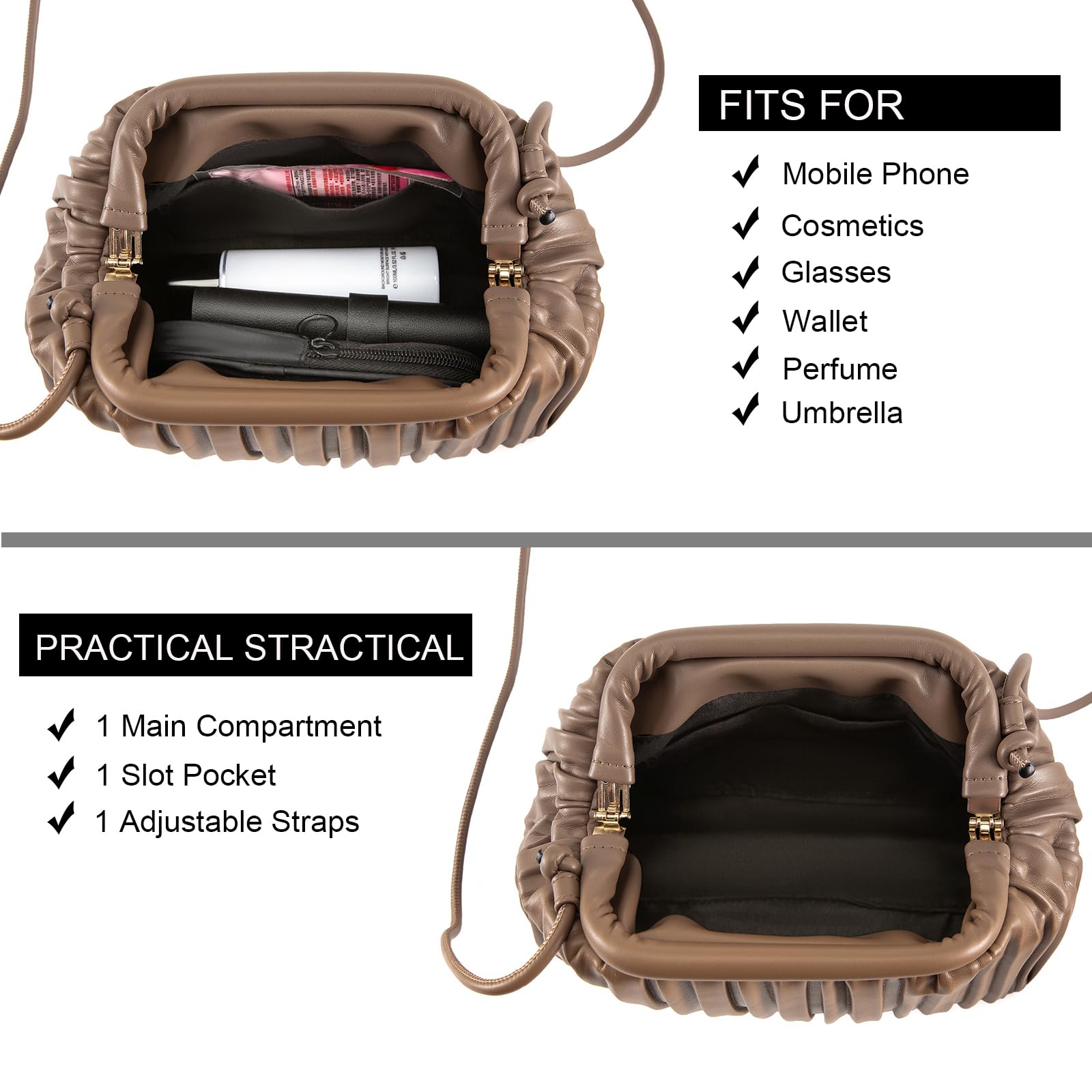 NIUEIMEE ZHOU Ruched Dumpling Bag for Women PU Leather Cloud Handbag Clutch Purse Retro Shoulder Crossbody Bags