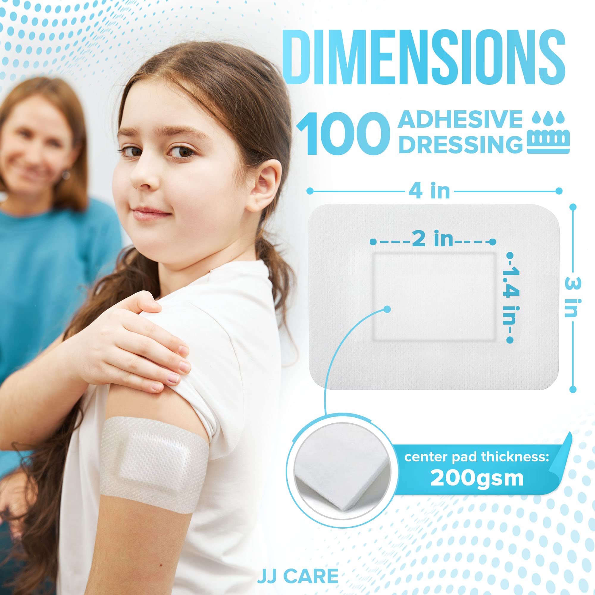 JJ CARE Adhesive Island Dressing [Pack of 100], 3x4 Sterile Bordered Gauze Dressing, Individually Wrapped Island Wound Dressing with Highly Absorbent Non-Stick Center Pad