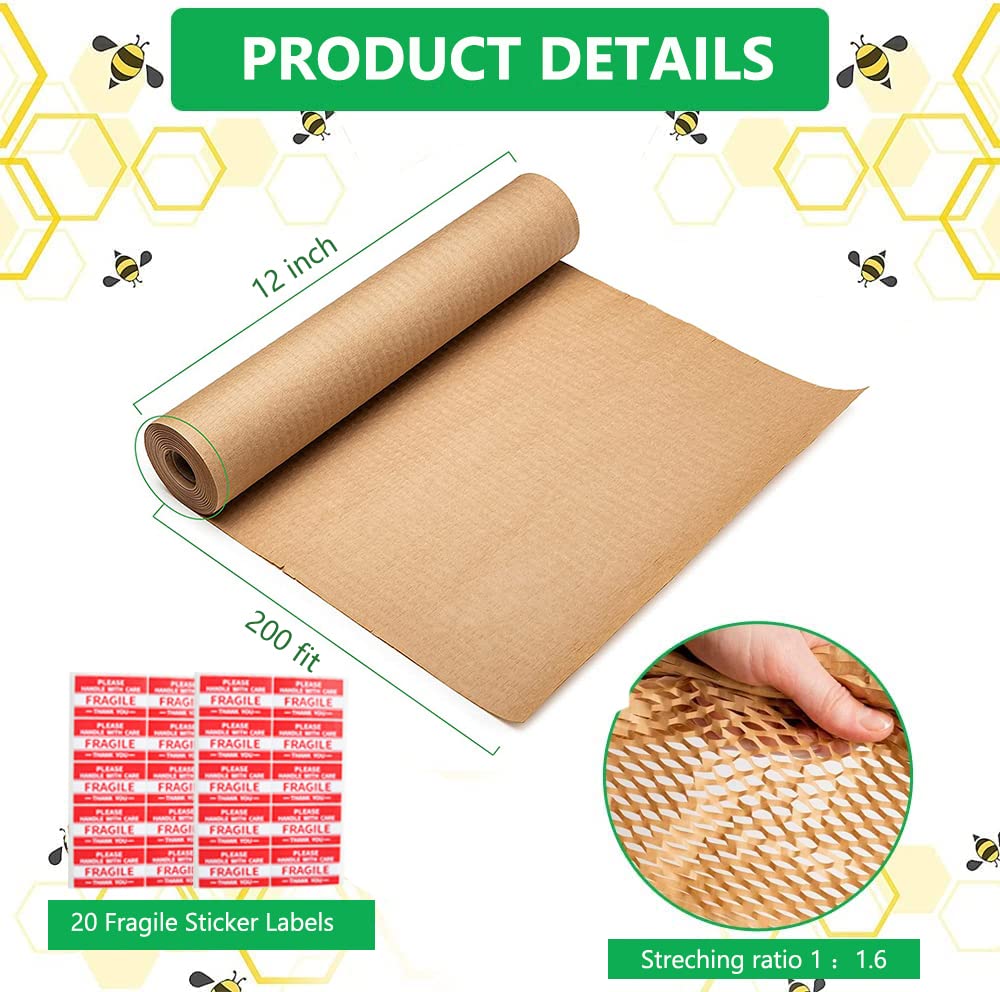 Honeycomb Packing Paper,12''x 200'Honeycomb Cushioning Wrap Roll for Moving Shipping Packaging Gifts, Recyclable Biodegradable Honeycomb Paper Moving Supplies Bubble Paper Wrapping Protective Roll