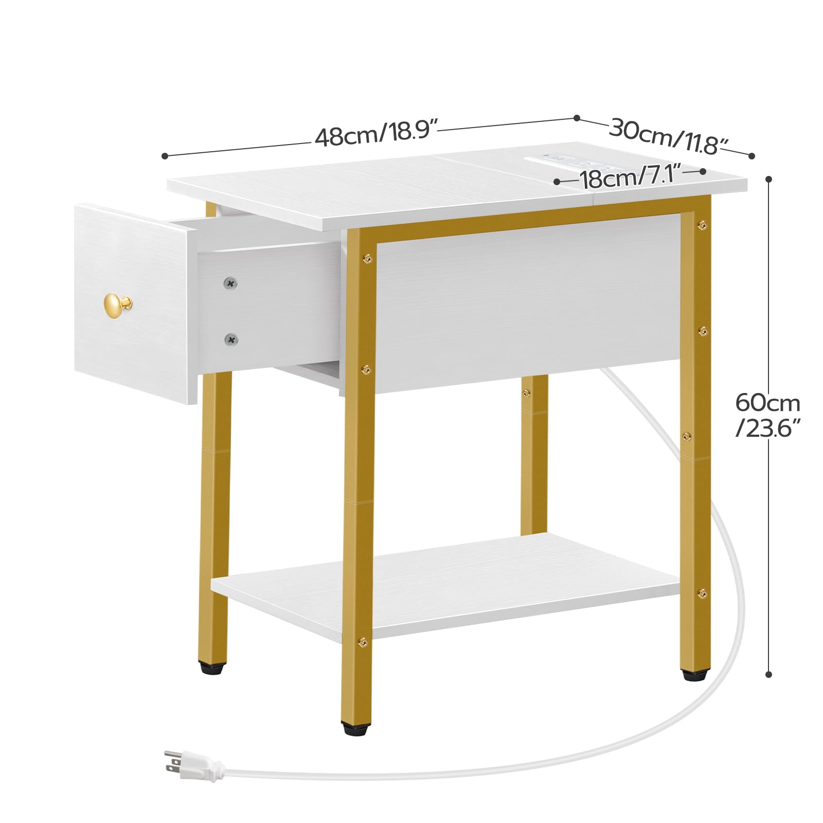 HOOBRO Side Table with Charging Station, Narrow End Table, Bedside Table, Sofa Side Table with Drawer, 2-Tier Coffee Table, Space Saving, Living Room, Bedroom, Study, Gold and White DW041UBZ01