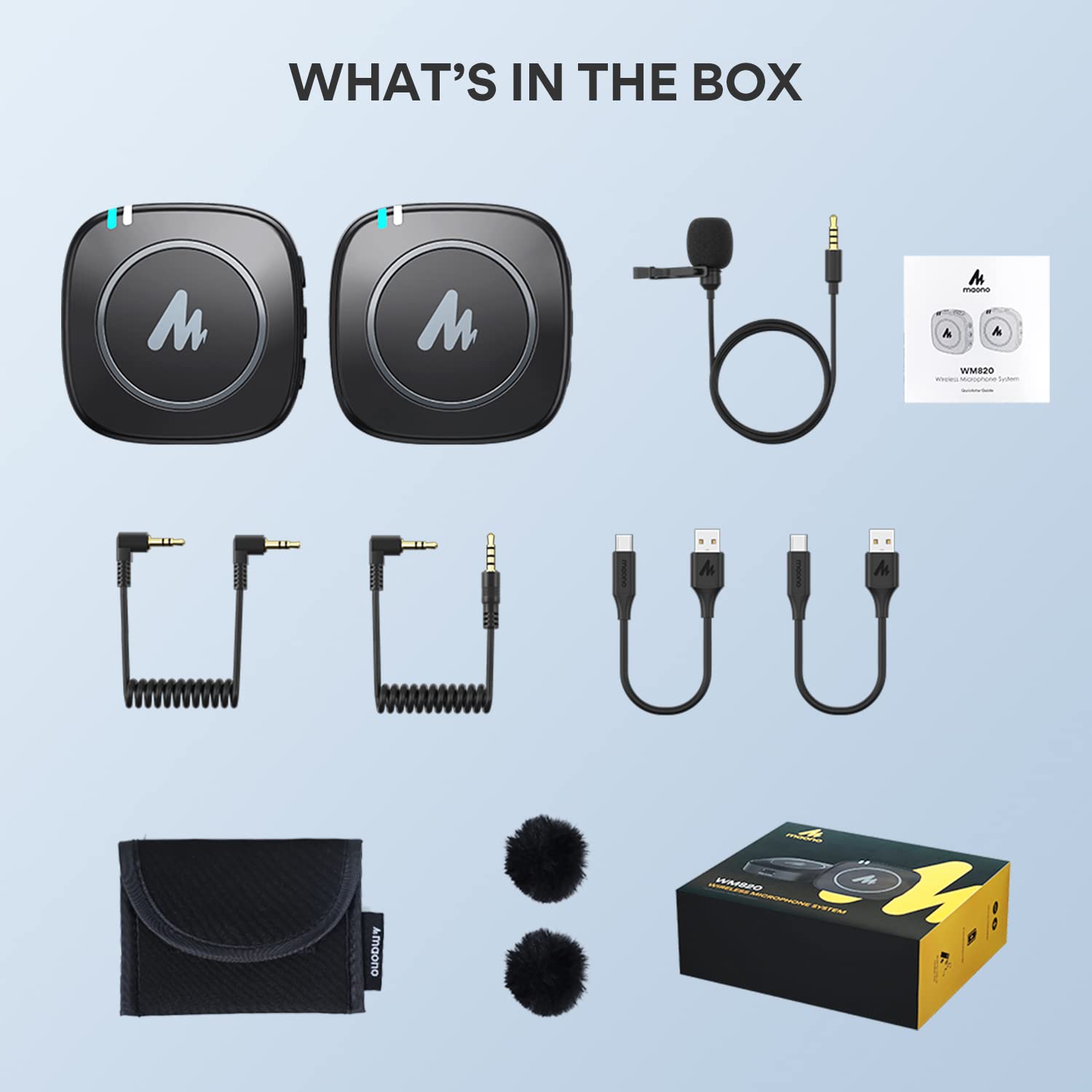 MAONO Compact Wireless Lavalier Microphone, 2.4GHz Dual Lapel Mics with Real-time Monitoring, Gain Adjustment and Mute for Interview, Vlogging, Live Streaming, Phone, Camera (WM820 A1)