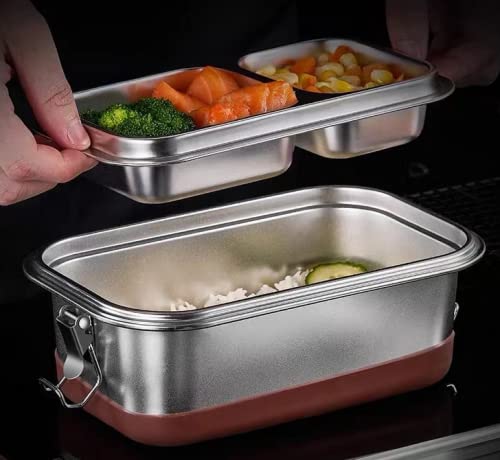 Stainless Steel Lunch Box with Clip Locks for Adults Salad Sandwich with Folding Spork Bento Containers for Work Picnic Layered Leak proof (1500ml)