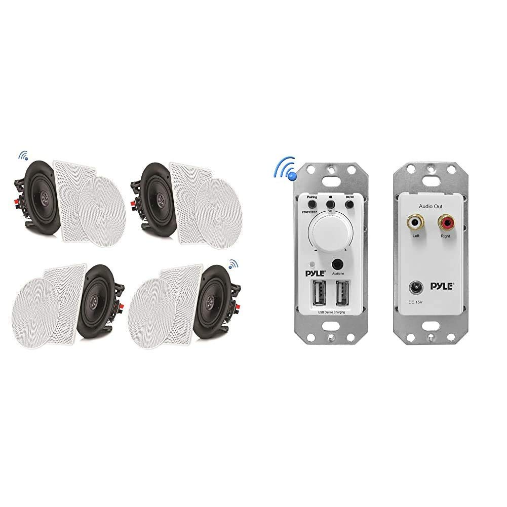 Pyle 8” 4 Bluetooth Flush Mount in-Wall in-Ceiling 2-Way Speaker System & Tweeter Stereo Sound 4 Ch Amplifier 250 Watt (PDICBT286) & Bluetooth Receiver Wall Mount - in-Wall Audio Control Receiver