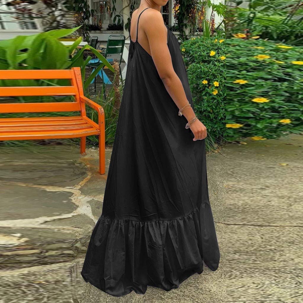 Keepfit Women Trendy Maxi Dress Spaghetti Straps Sling Dress Ruched Ruffle Backless Solid Swing Dress Black