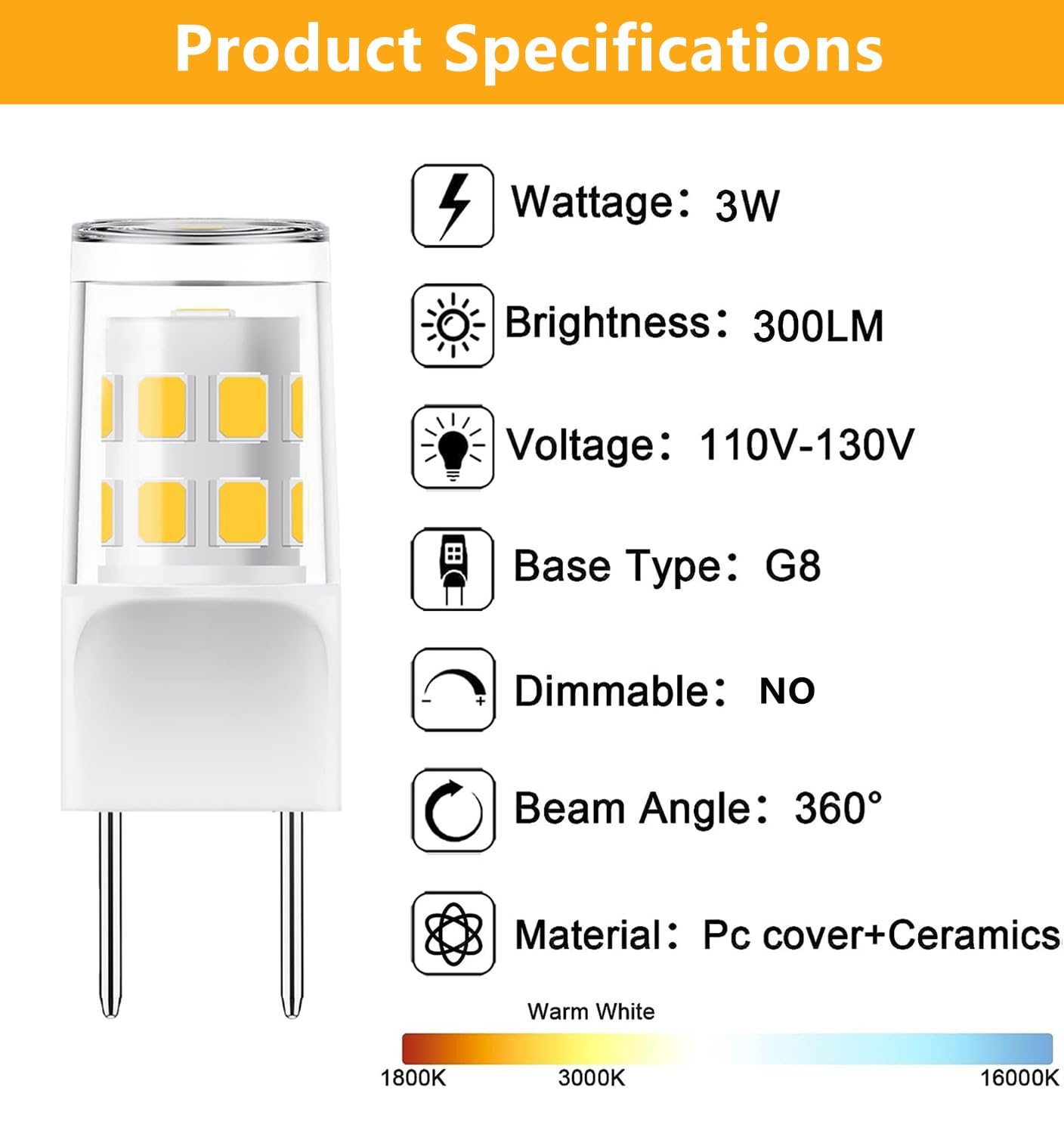 YKWCW G8 LED Bulb, 3W Equivalent to 20W-25W Halogen Bulb, T4 JCD Type Bi-Pin G8 Base, 120V Puck Light Bulbs for Under Cabinet Light, Under Counter Kitchen Lighting, 3000K Warm White (5 Pack)