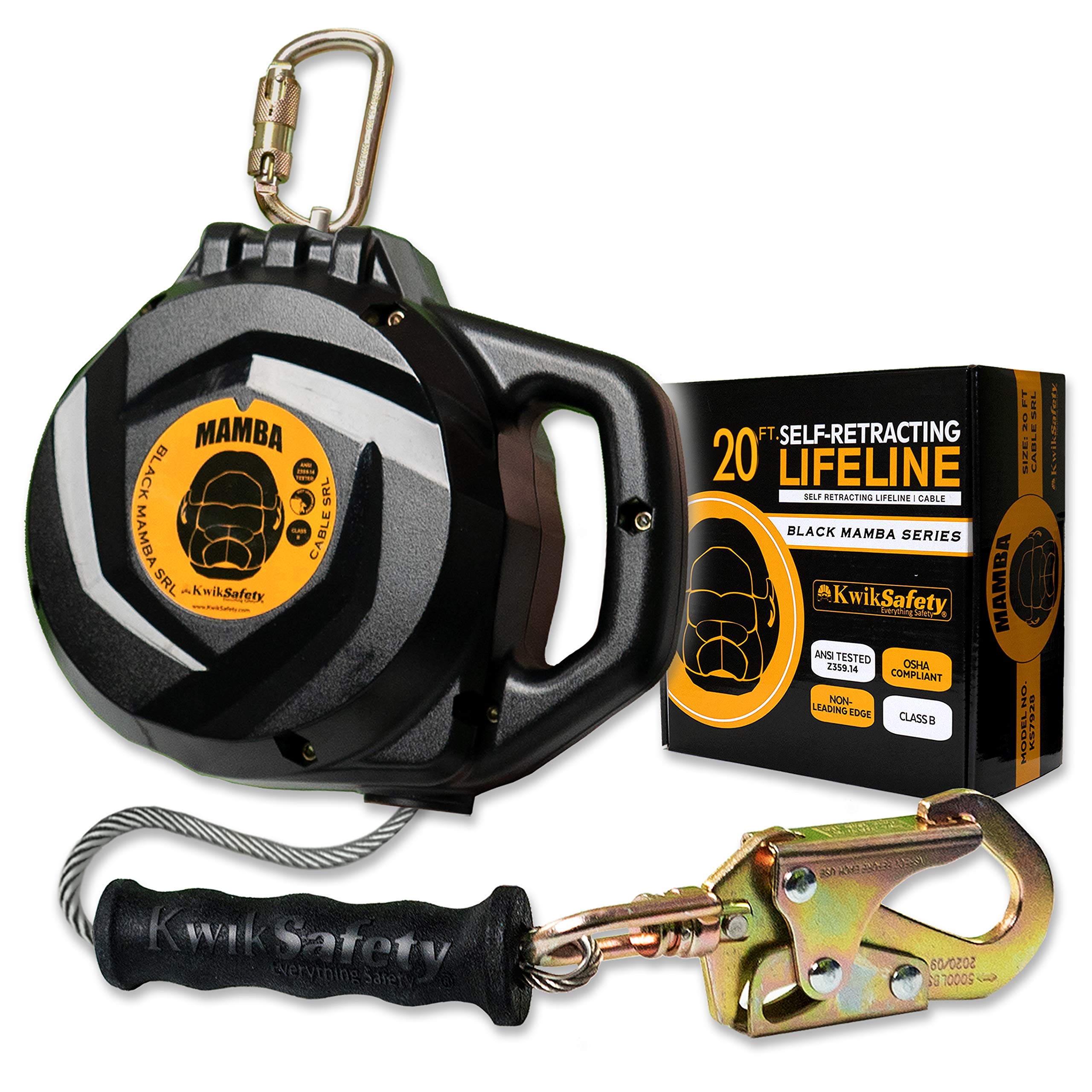 KwikSafety - Charlotte, NC - Mamba 50’ Self Retracting Lifeline [Carbonate + Integrated Handle] Class B Cable SRL ANSI OSHA Retractable Fall Arrest Safety Roofing Construction Gear
