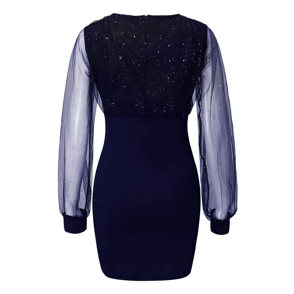 Keepfit Women Wrap Dress V Neck Sequins Bling Long Sleeve Retro Elegant Sequins Bling Long Sleeve Party Mini Dress