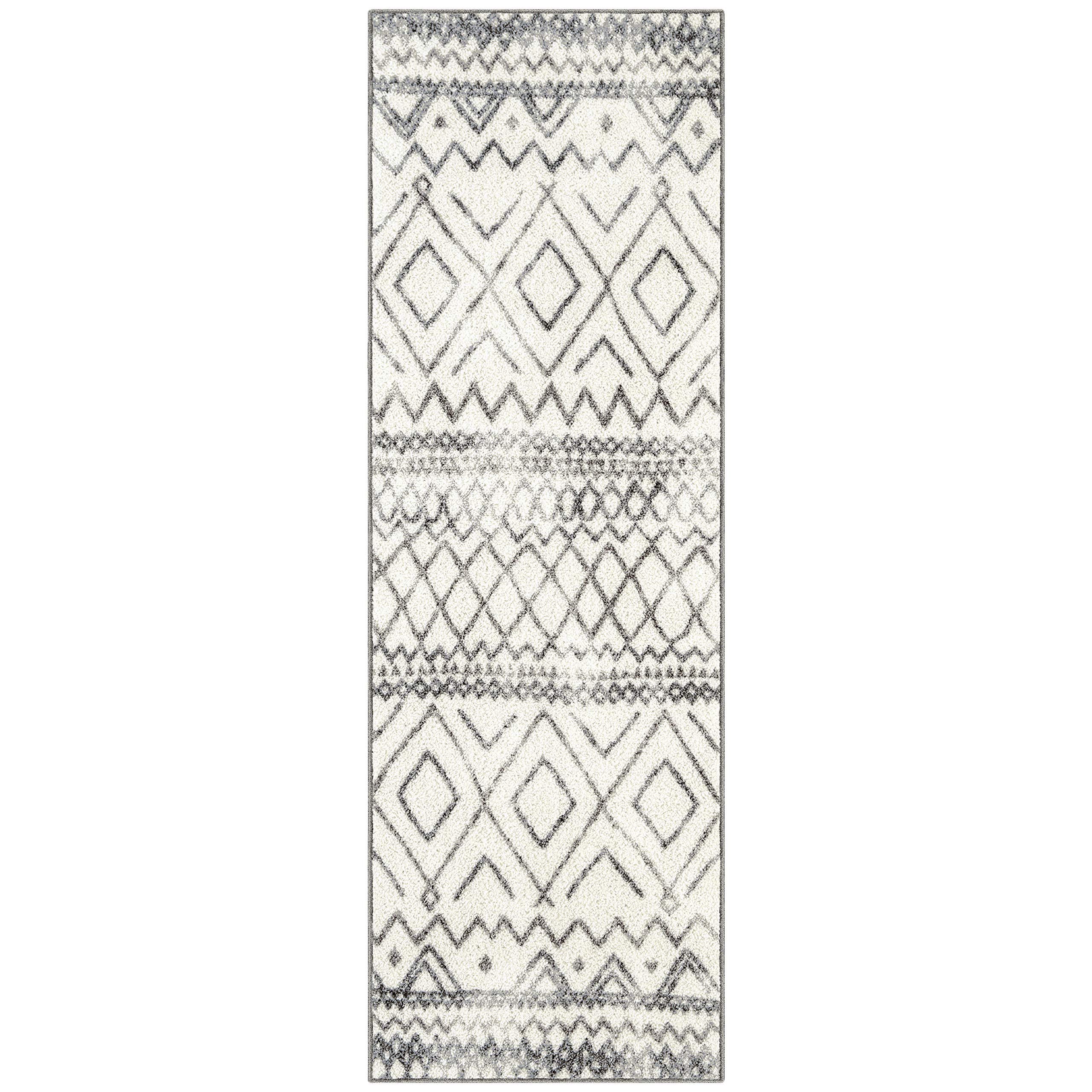 Maples Rugs Abstract Diamond Modern Distressed Non Slip Runner Rug For Hallway Entry Way Floor Carpet [Made in USA], 2 x 6, Neutral