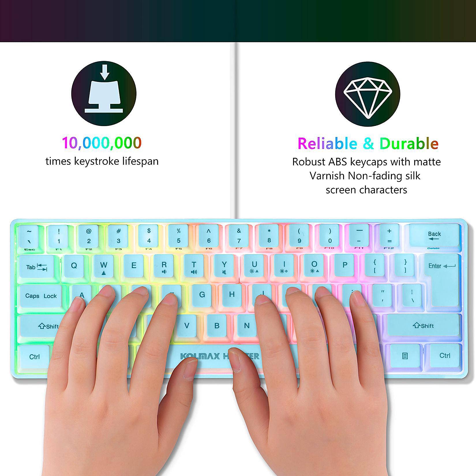 KOLMAX HUNTER 60% RGB Gaming Keyboard,61 Keys RGB Backlit Wired Gaming keyboard/Office Mini Keyboard for PC/Mac/Linux/Laptop(Blue)