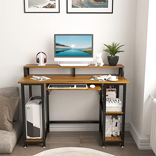 JSungo Small Computer Desk with Monitor Stand, 47 Inch Office Desk with CPU Shelf and Dual Storage Bookshelf for Small Space, Sturdy Writing Table with Keyboard Tray for Home, Natural