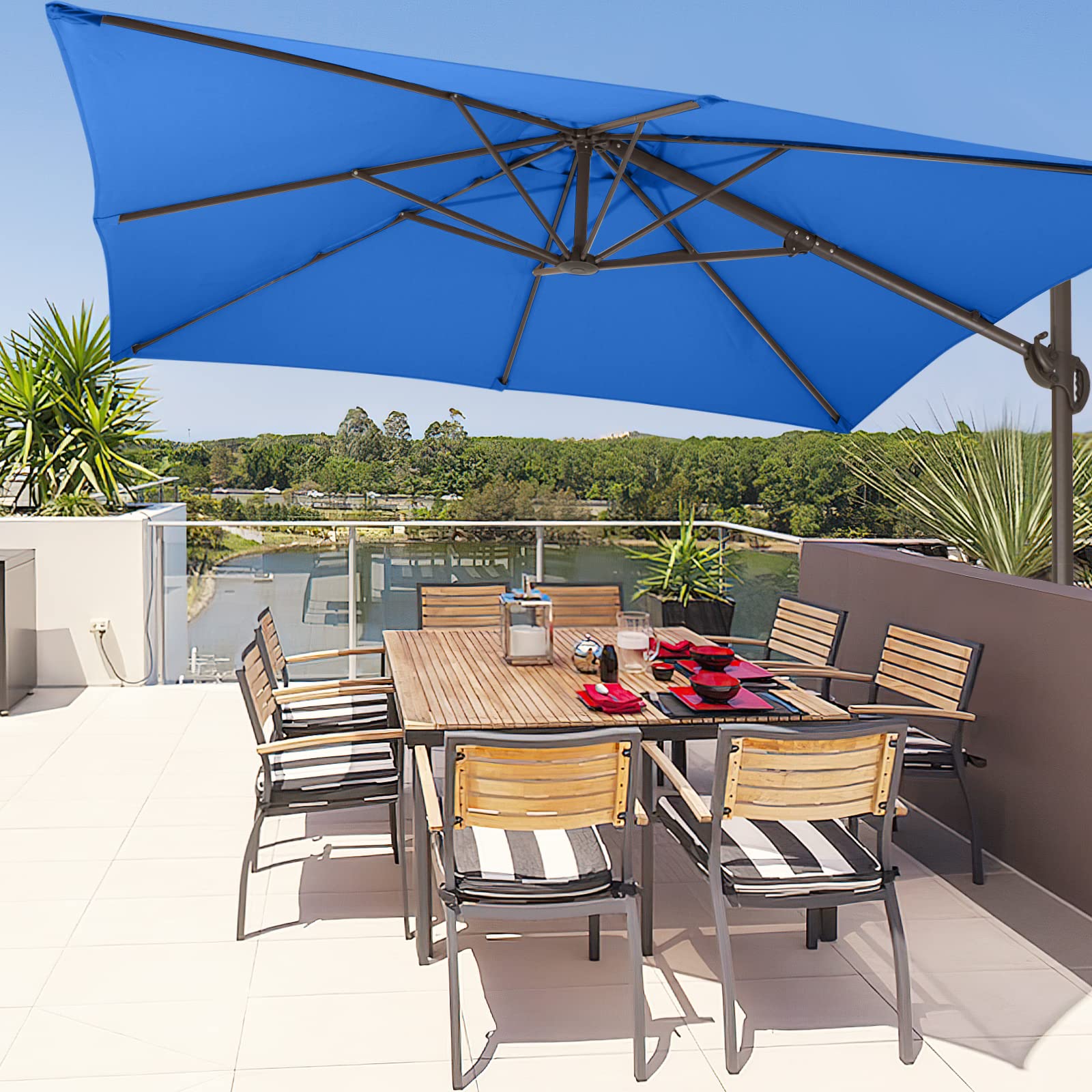 JEAREY 8.2FTx8.2FT Square Cantilever Patio Umbrella Roating Outdoor Offset Umbrella Heavy Duty Sun Umbrella, Royal Blue