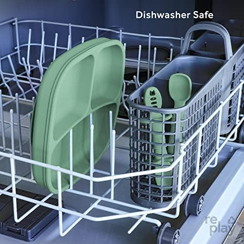 Re-Play Sustainables Silicone Suction Divided Plate with Press In Compartment Lid - Made with Medical-Grade Platinum Silicone - With Lid - Sage