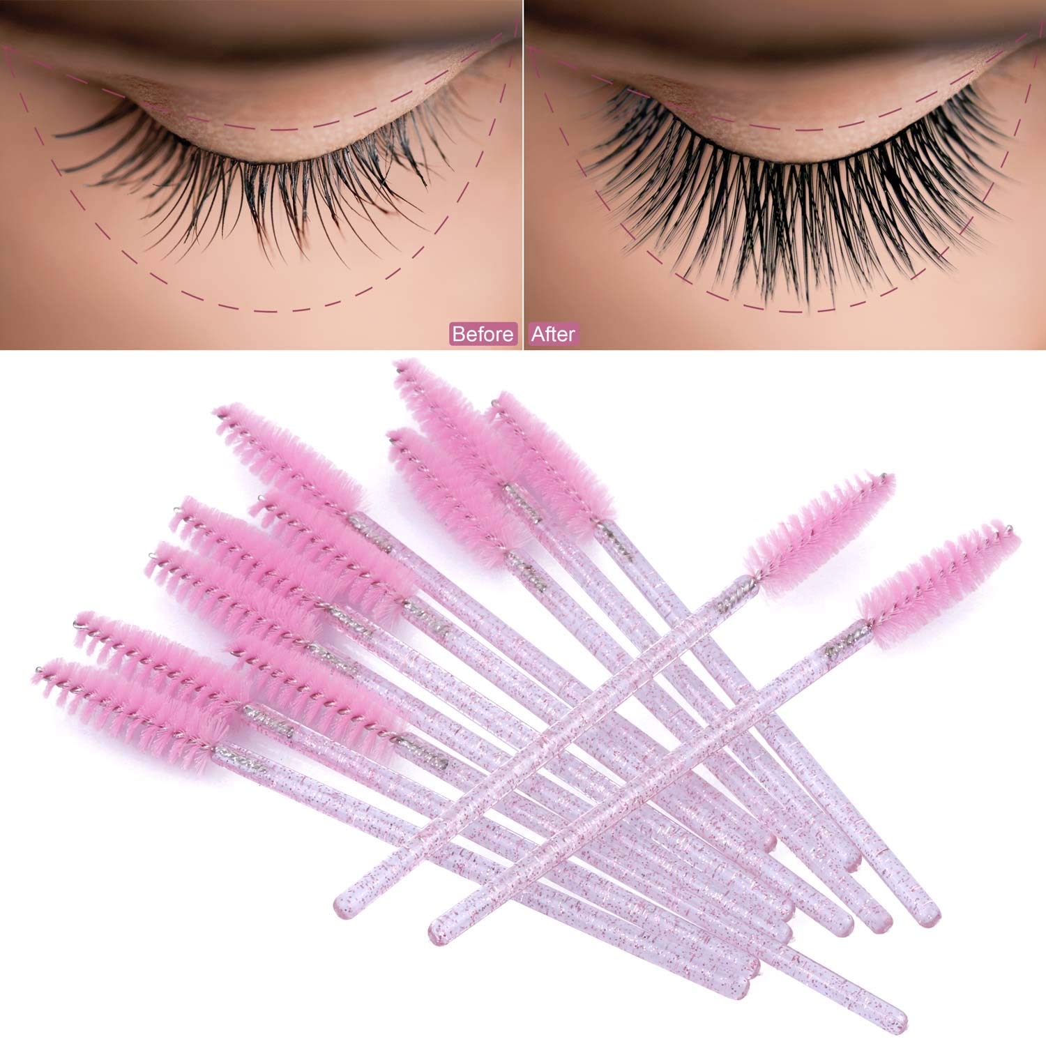 Tbestmax 300 Disposable Spoolies Mascara Wands Eyelashes Brush in Bottle for Eye Lash Extension Eyebrow Makeup Pink