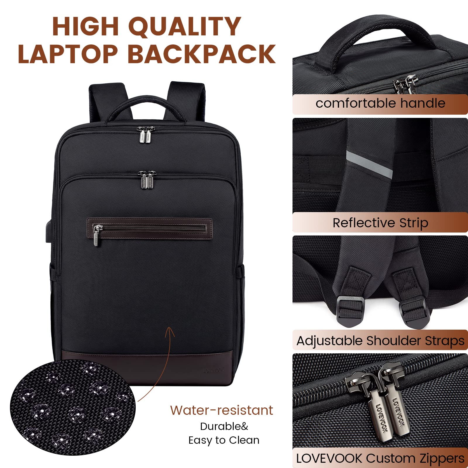 LOVEVOOK Laptop Backpack for Men, Waterproof Work Computer Backpack, Anti Theft Travel Business Backpack with USB Charging Port for Womens, College Backpack Fits 17 Inch Laptop, Black