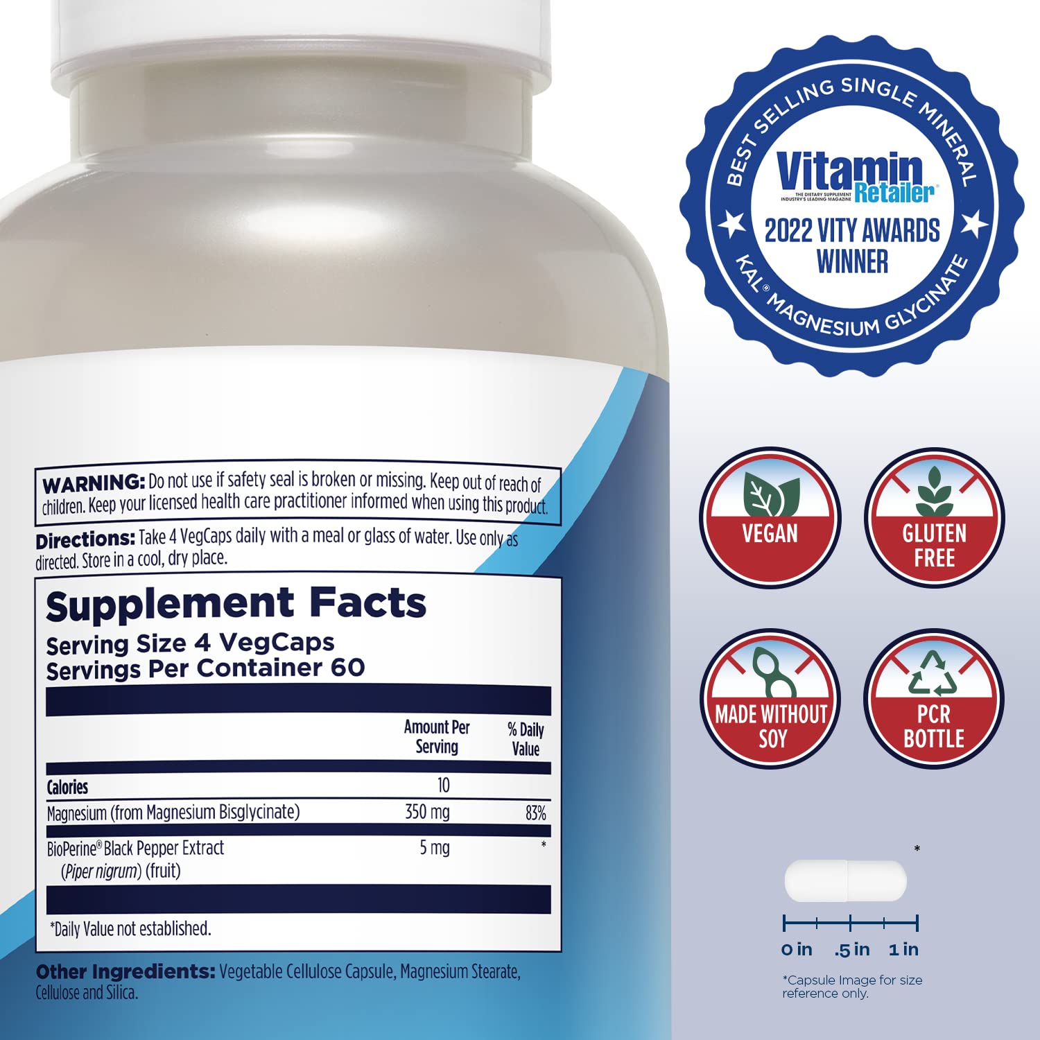 KAL Magnesium Glycinate, New & Improved Fully Chelated High Absorption Formula with BioPerine, Bisglycinate Chelate for Stress, Relaxation, Muscle & Bone Health Support, 60 Servings, 240 VegCaps