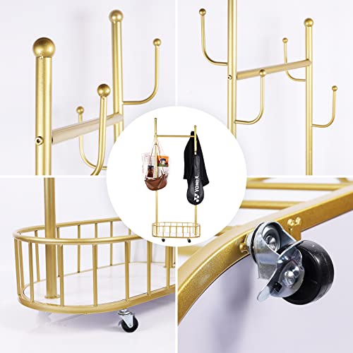 ZHANYUN Gold Metal Garment Rack, Clothes Racks on Wheels, Rolling Clothing Rack with A Hanging Rod and Bottom Storage Basket Shelves (Gold)