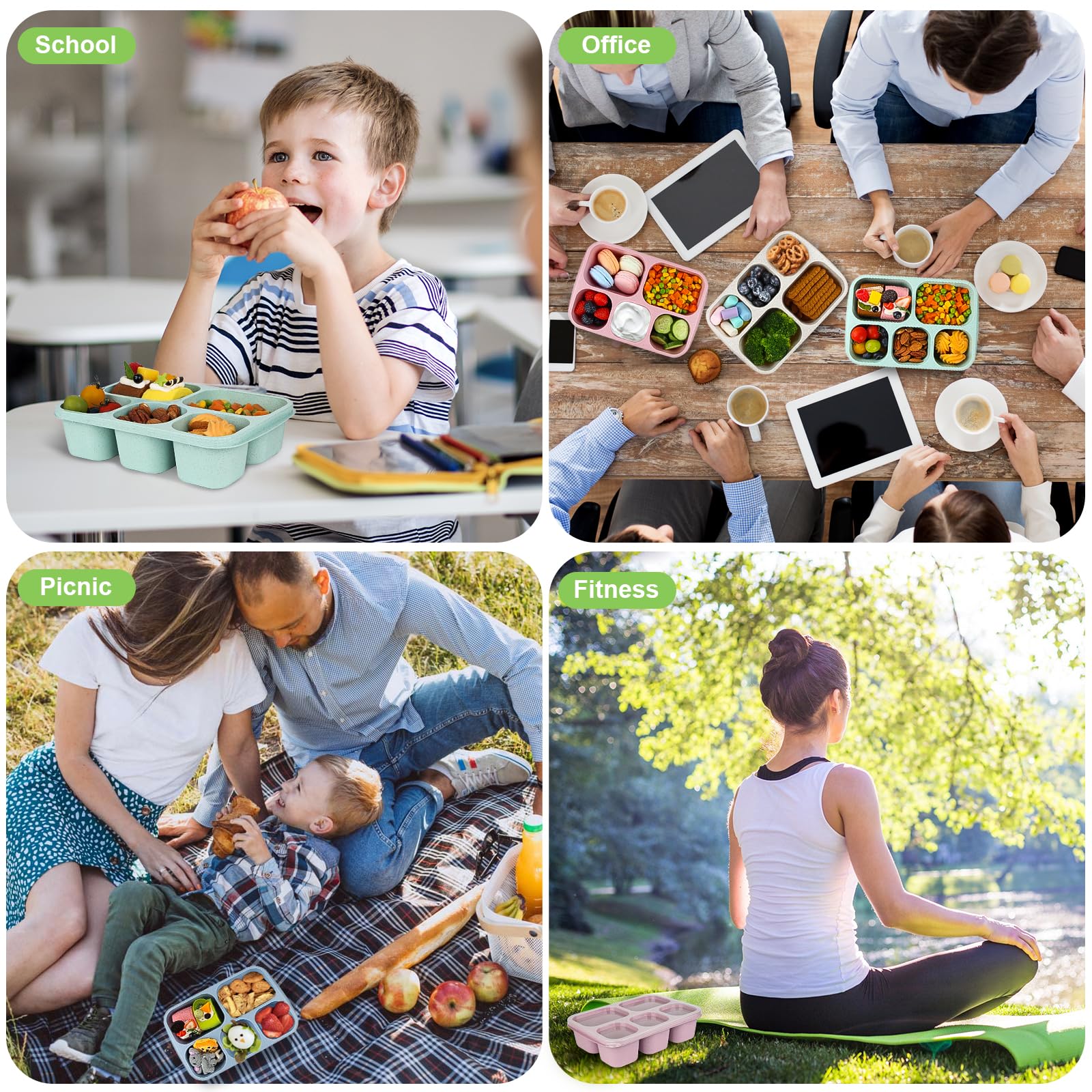 Lunbxx Bento Lunch Boxes - Reusable 5-Compartment Food Lunchables Containers, Snack Boxes For Adults Container for School, Work, and Travel, Set of 4 (Wheat)