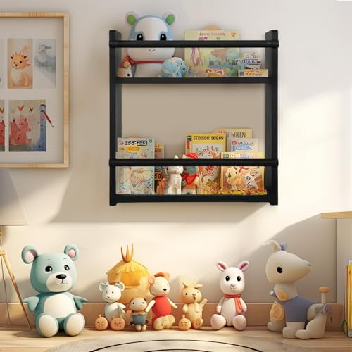YLYHSST Nursery Floating Shelves 24 Inch Solid Wood Bookshelf, Suitable for Kids Room, Nursery. Double Decker Toys Storage, Kitchen Spice Rack, Black