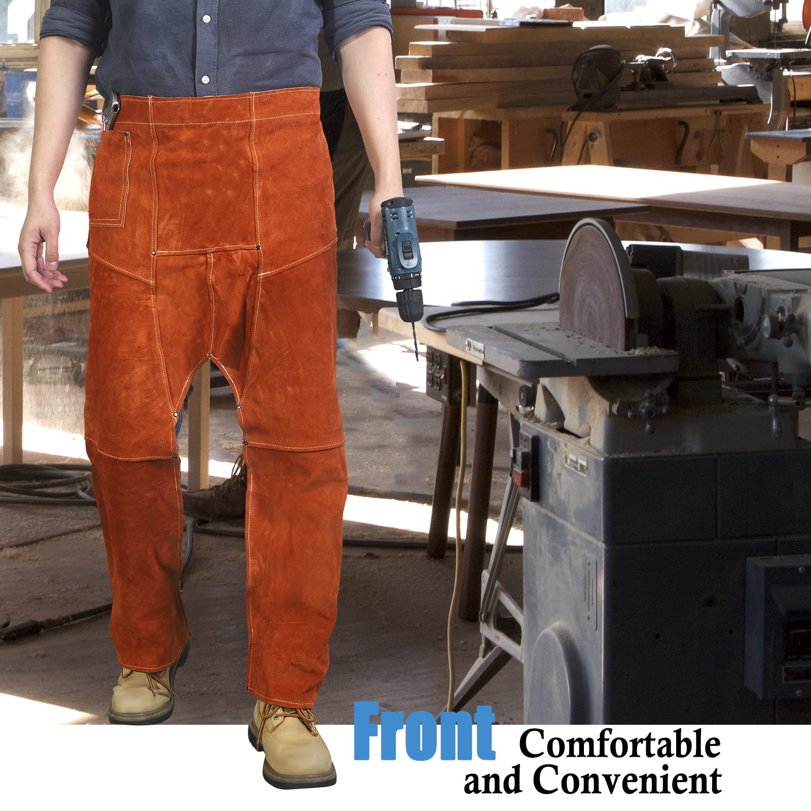 QeeLink Welding Pants - Heat & Flame Resistant Split Cowhide Leather Safety Chaps Leg Protection for Men and Women, Adjustable M to XXXL (Regular 34-Inch)