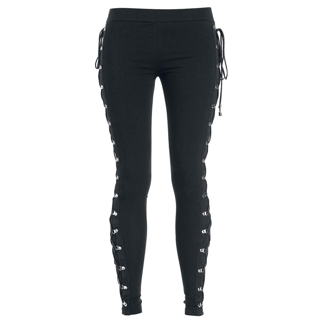 Mimacoo Womens Gothic Leggings Autumn Fashion Cool Trousers Strap Design Pants Solid Color Leggings Black