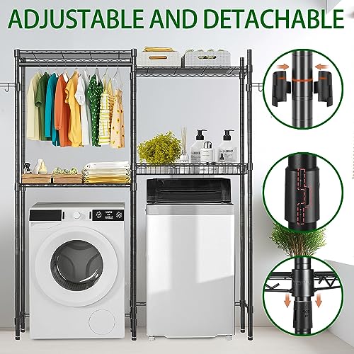 YEPOTUE Clothes Drying Rack, 4 Tiers Laundry Room Organization and Storage with Adjustable Shelves, Heavy-Duty Over Washer and Dryer Shelves Space Saver Closet Rack Towel Storage Black