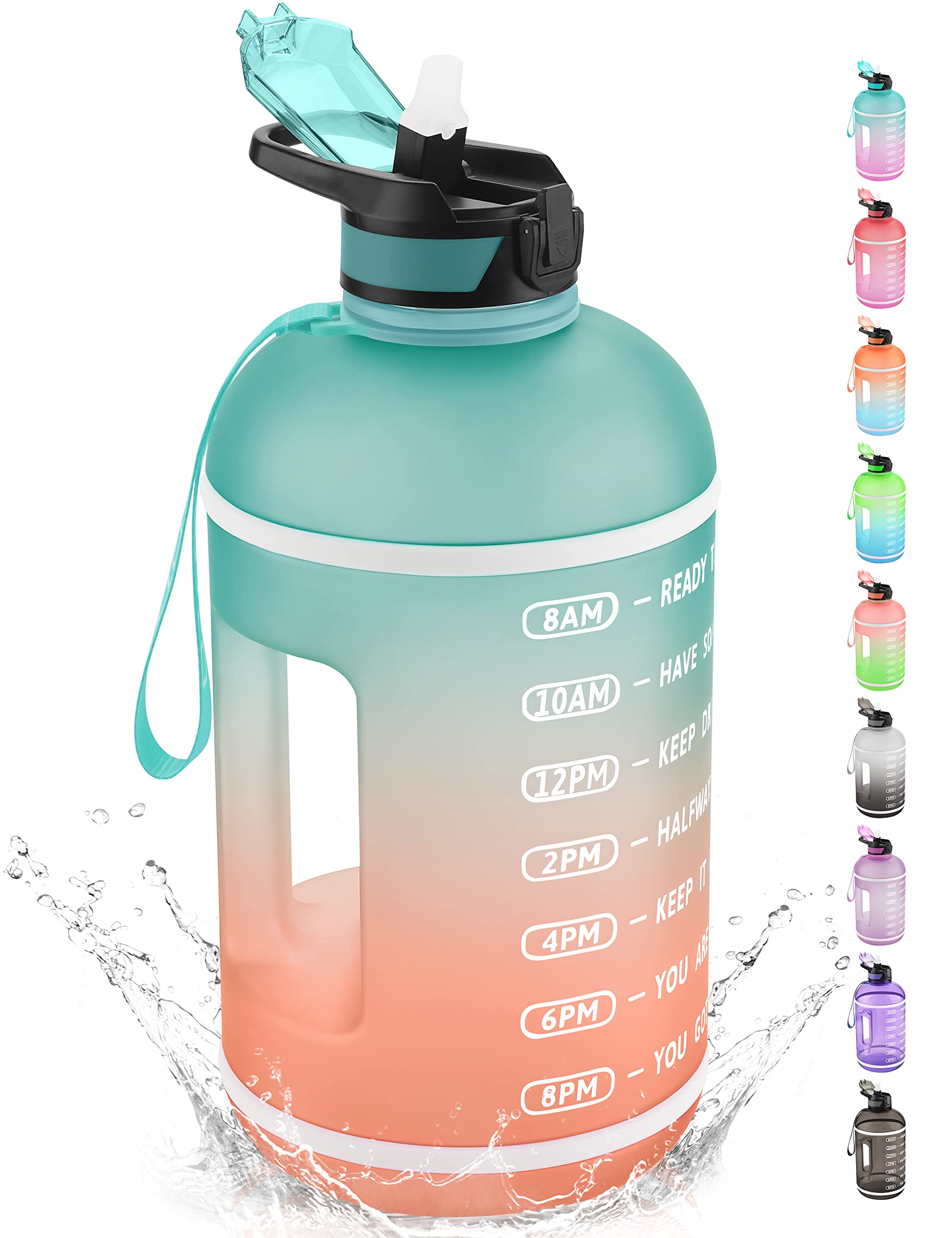 KEEPTO 1 Gallon Water Bottle with Straw-Motivational Water Jug with Time Marker,Coral/Agategreen Ombre