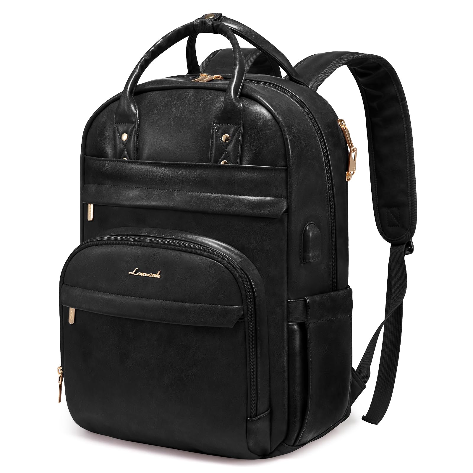 LOVEVOOK Leather Backpack for Women 15.6 Inch, Vintage Laptop Backpack with USB, Spacious Work Backpack Fits Business Office Travel College Black