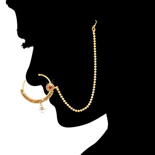 I Jewels Indian Bollywood No Piercing Ethnic Party Wear Nose Ring with Chain for Women (NL09)