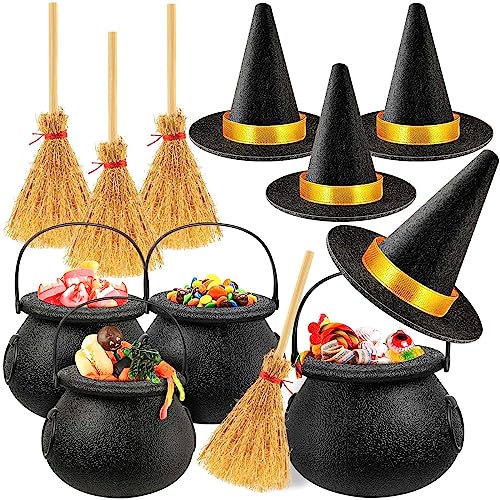ZHWKMYP Mini Witch Hats and Brooms, 12Pcs Small Witch Hat for Crafts Kit, Witches Broom and Black Candy Cauldron Kettles for Halloween Decorations Party Supplies