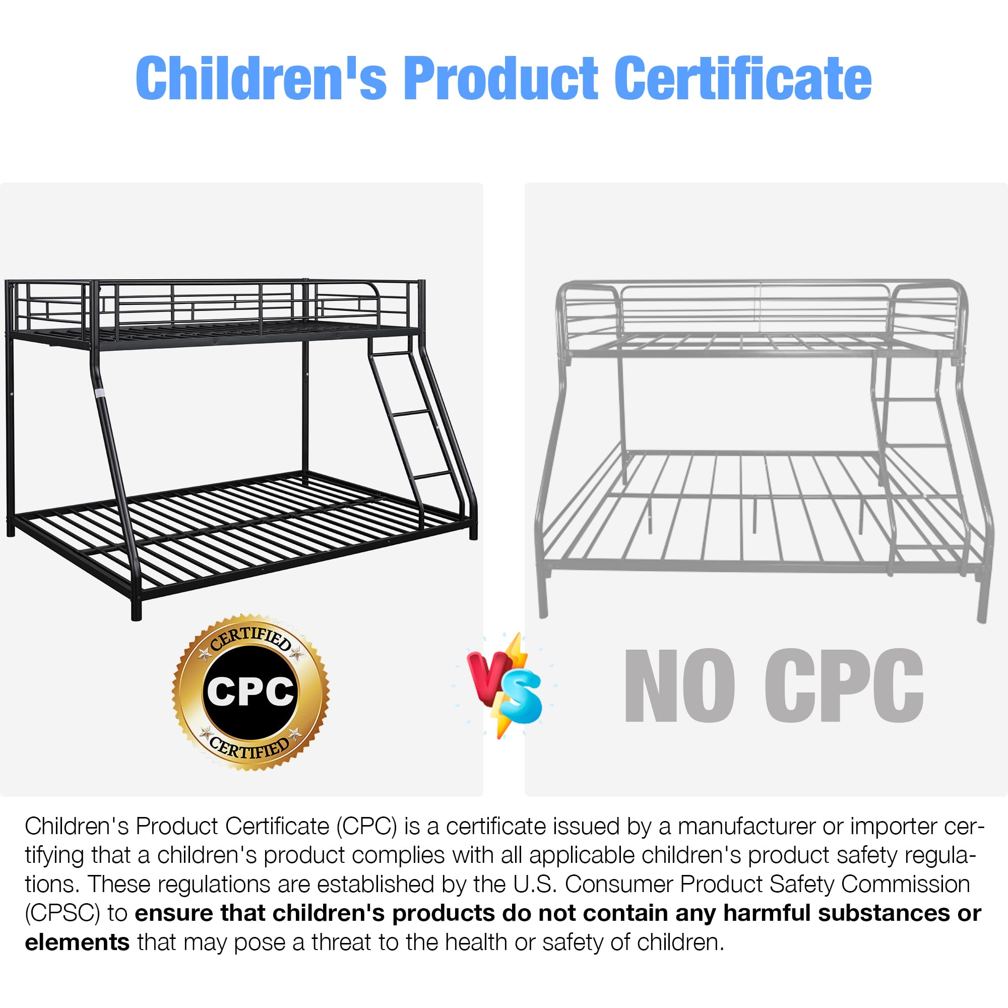 HUAYICUN Bunk Bed Twin Over Full Size with Ladder, Twin over Full Bunk Bed and Full-Length Guardrail, No Box Spring Needed, Noise Free