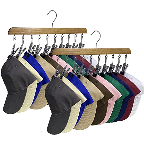 YI Boutique Hat Organizer, Wooden Hat Hangers for Closet, Hat Racks for Baseball Caps, Set of 2 Cap Organizer with 10 Adjustable Stainless Steel Clips, Hat Storage Fits All Caps