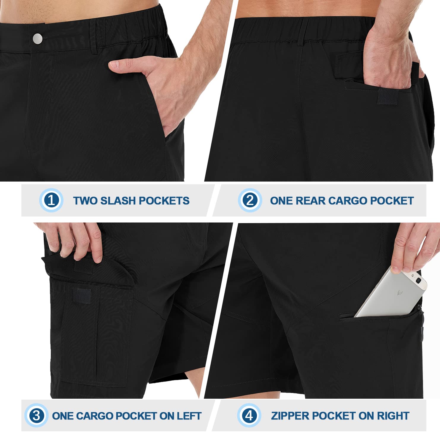 Men's Water Resistant Hiking Cargo Casual Shorts Quick Dry Lightweight with Zipper Pockets Fishing Golf Camping Black L