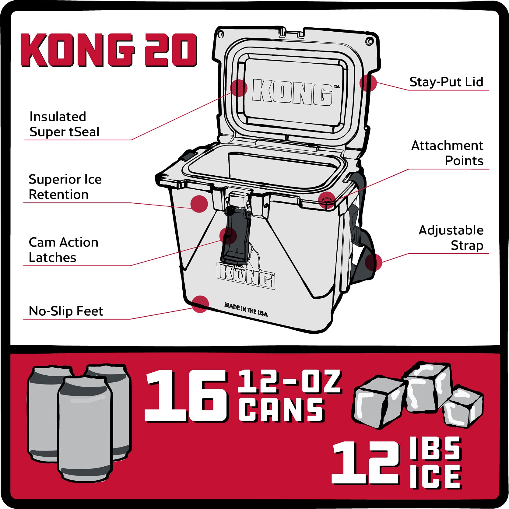 KONG Coolers | 20 Quart Cooler | Made in The USA | Durable Rotomolded Cooler (Rugged Red)