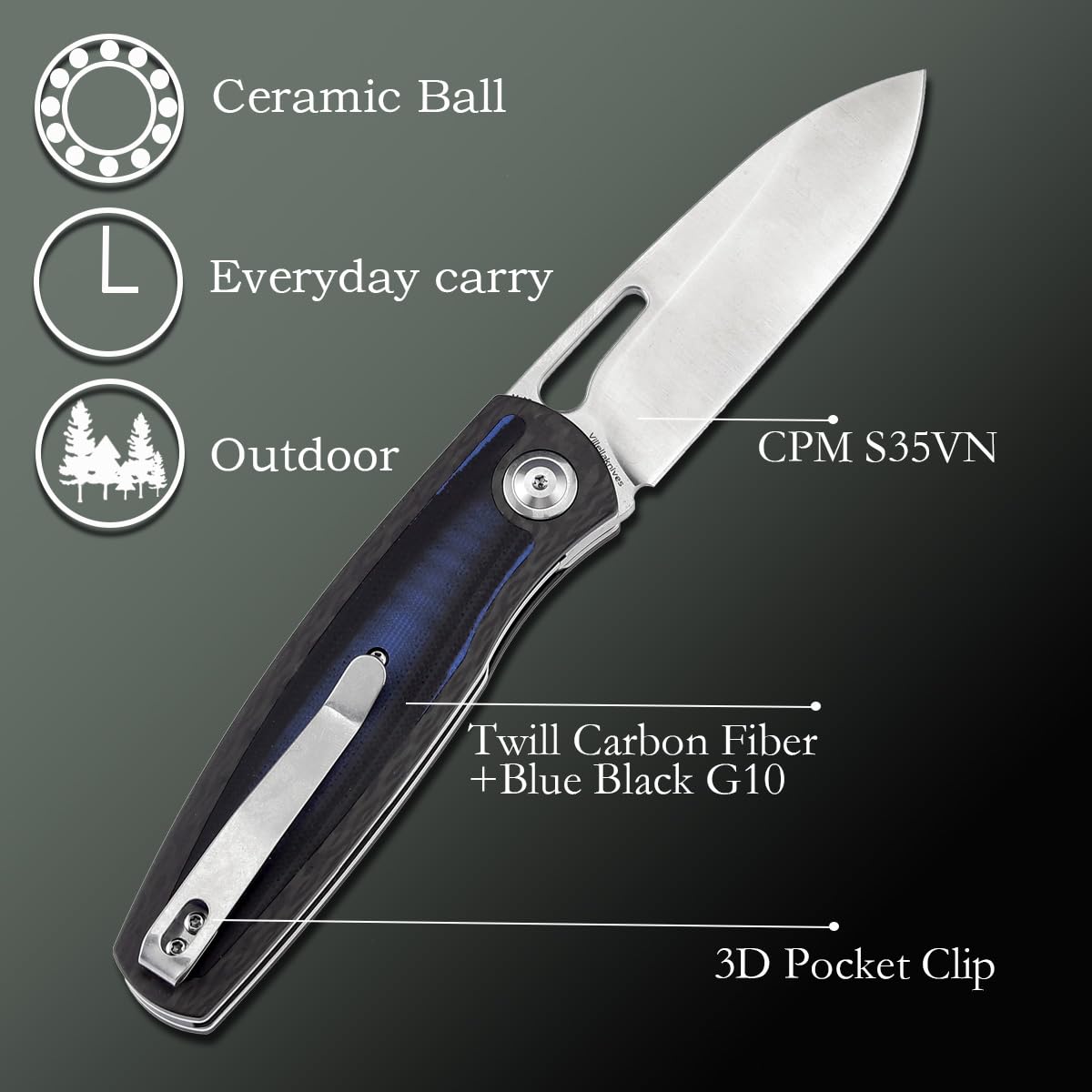 KANSEPT Mato Pocket Folding Knives for Men EDC Camping Folding Knife 3.3'' Satin CPM-S35VN Material Pocket Folding Knife with Twill Carbon Fiber +Blue Black G10 Handle Everyday Carry K1050A4