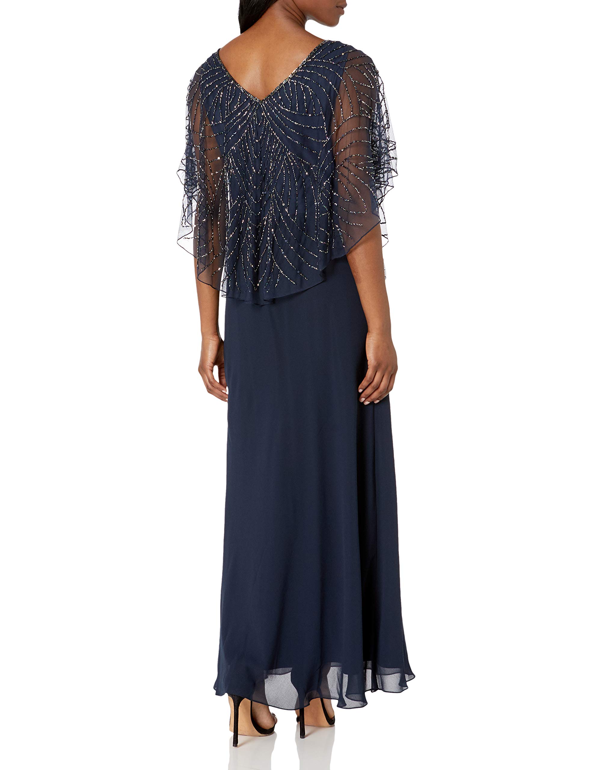 J Kara Women's Petite Pop Over Long Beaded Dress, Navy/Shaded/Mercury, 10P