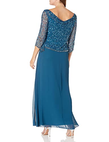 J Kara Women's Long Beaded Dress with Cowl Neck, Teal/Mercury, 18