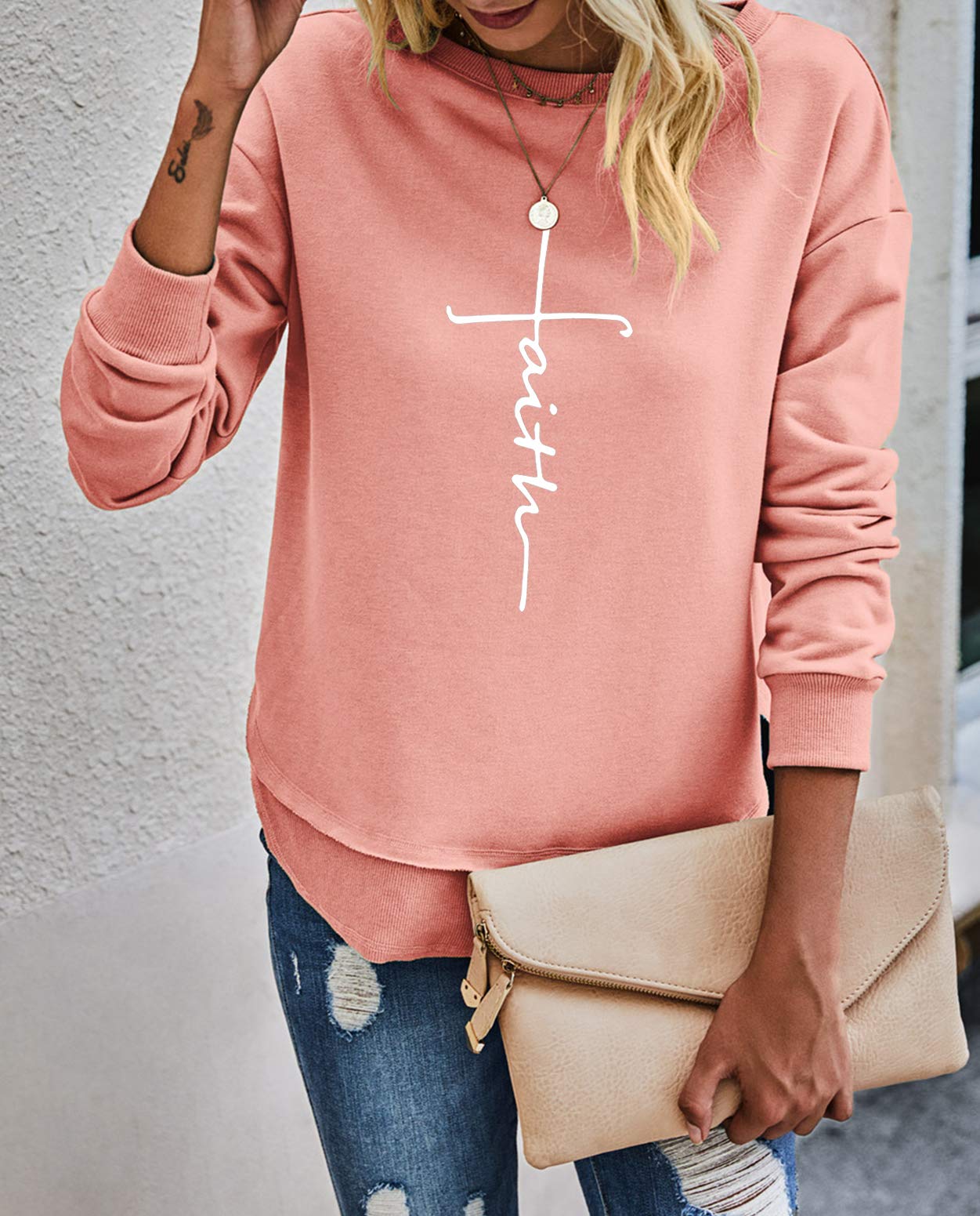 Mansy Womens Cross Letter Printed Crewneck Sweatshirts Casual Funny Graphic Side Split Pullover Shirts Tops (Pink, XX-Large)