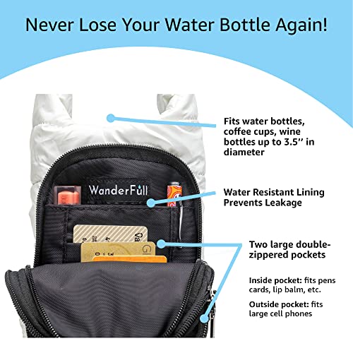 WanderFull Crossbody HydroBag - Water Bottle Holder - Quilted Bottle Bag - Water Bottle Carrier with Strap - Stylish Puffer Tote for Water Bottle (White Glossy with Interchangeable Strap)