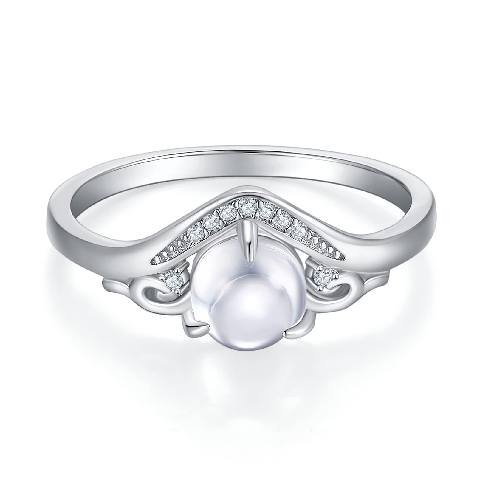 MINDDHA 925 Sterling Silver Rings - 8mm Natural Round Moonstone with CZ - Stylish Sterling Silver Rings for Gifting - Promise Ring - Chevron Silver Band Ring, 1.5mm Size 8