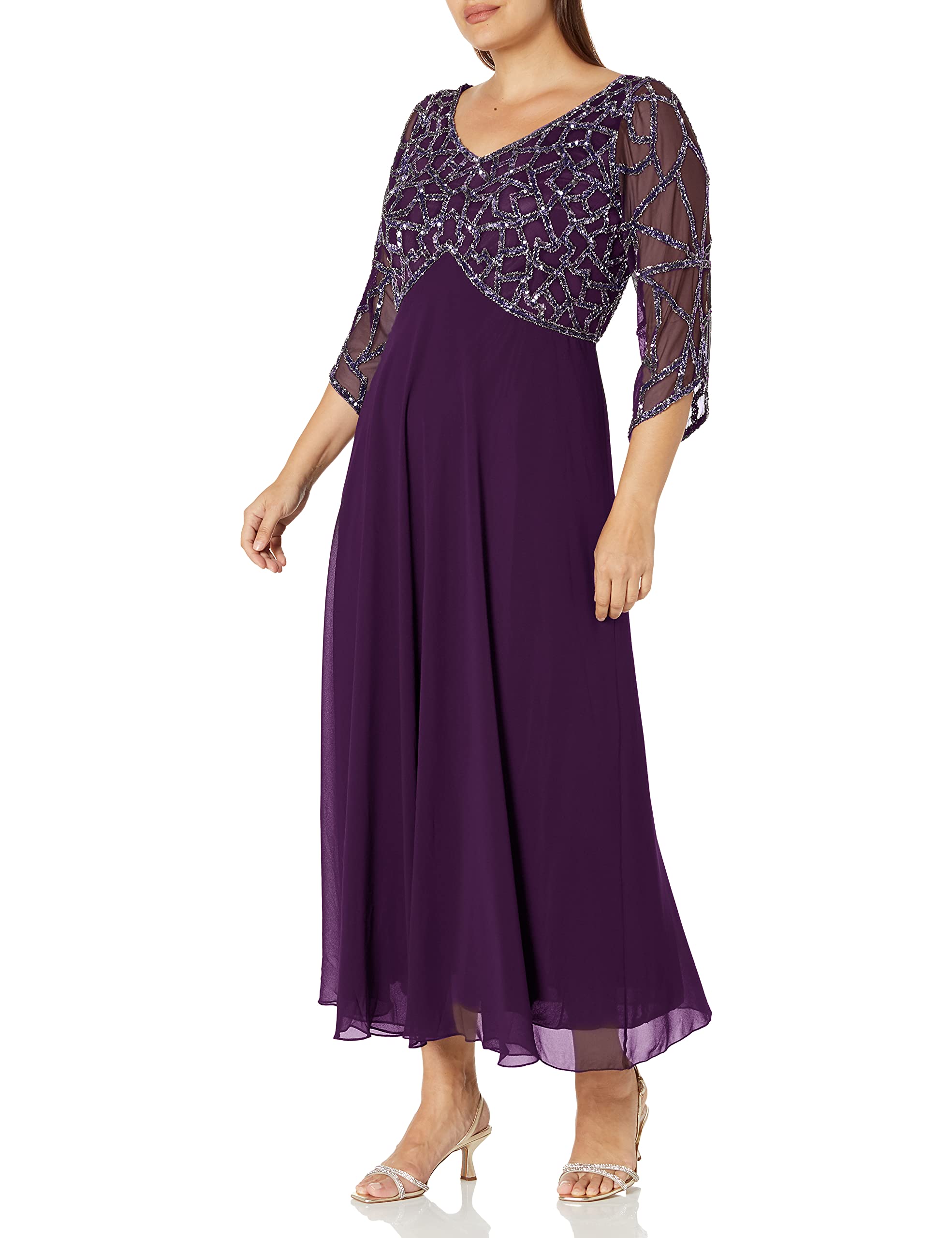 J Kara Women's Plus Size 3/4 Sleeve Geo Beaded Gown, Plum/Mercury/Silver, 18W