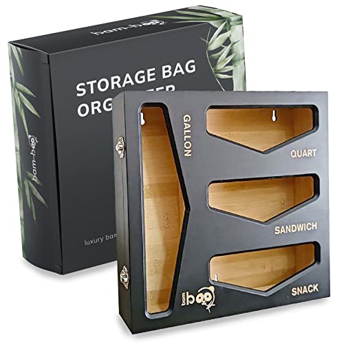 Ziplock Bag Bamboo Storage Organizer for Kitchen Drawer, Food Baggie Dispenser Box, Compatible with Quart Bag, Snack Bag, Sandwich Bag, Gallon Bag, (black)