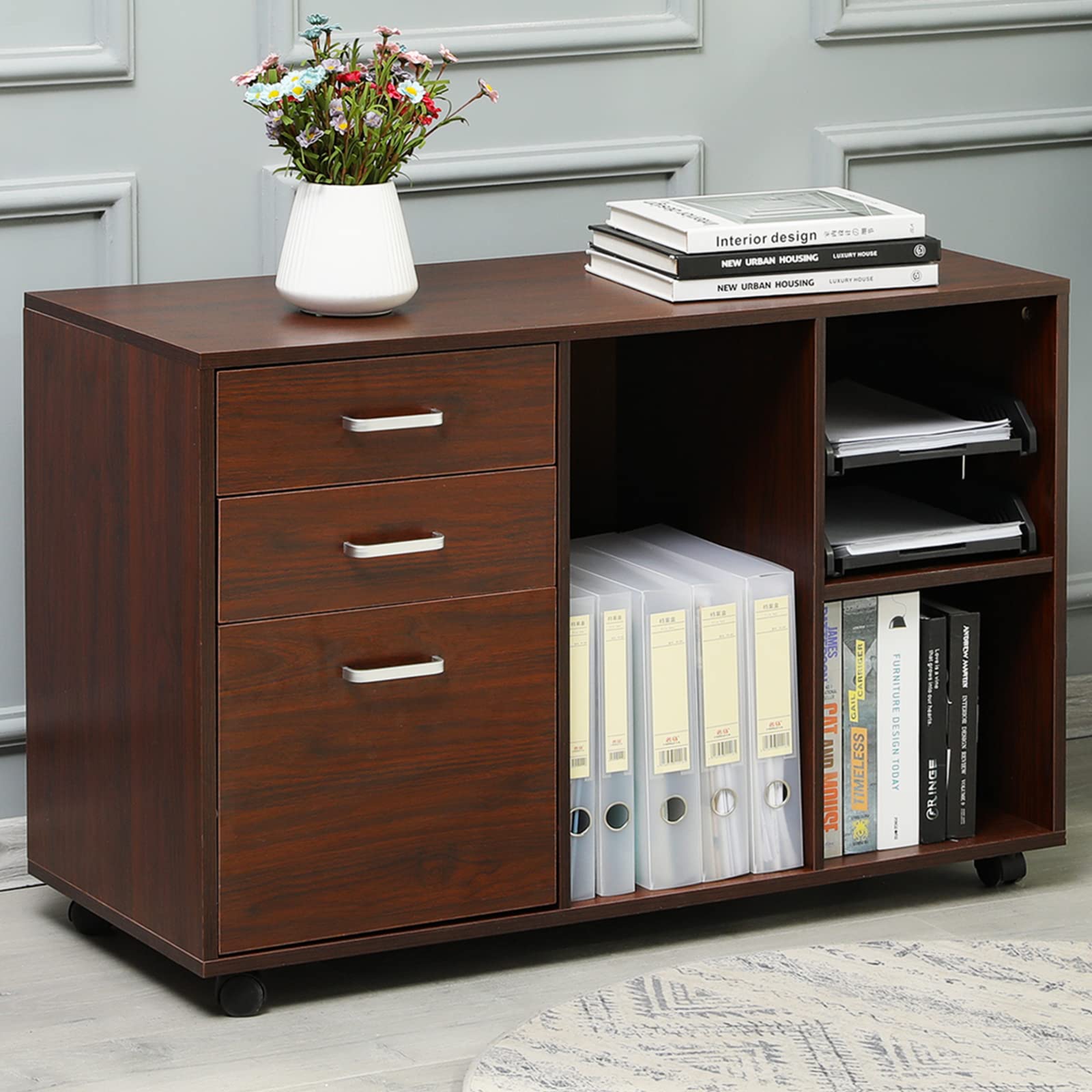 Itaar 39" Wood File Cabinets for Home Office 3 Drawers, Office Printer Stand with Storage, Rolling Lateral Filing Cabinet on Wheels, Cherry Red