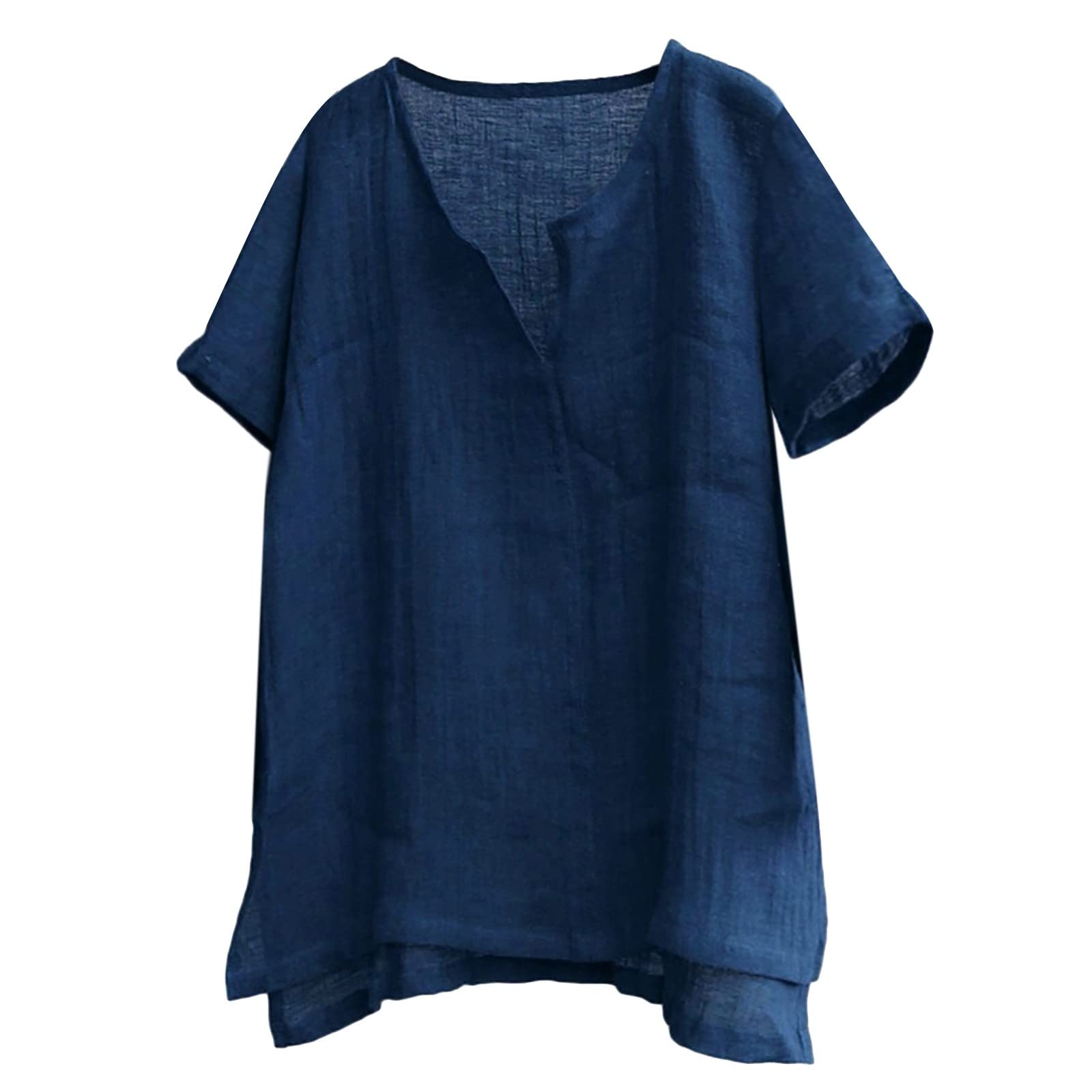 Mens Short Sleeve Shirts Linen Button Down Beach Yoga Casual Summer Shirts Cuban Camp V Neck Solid Shirt Tops(A2/Dark Blue,4XL)