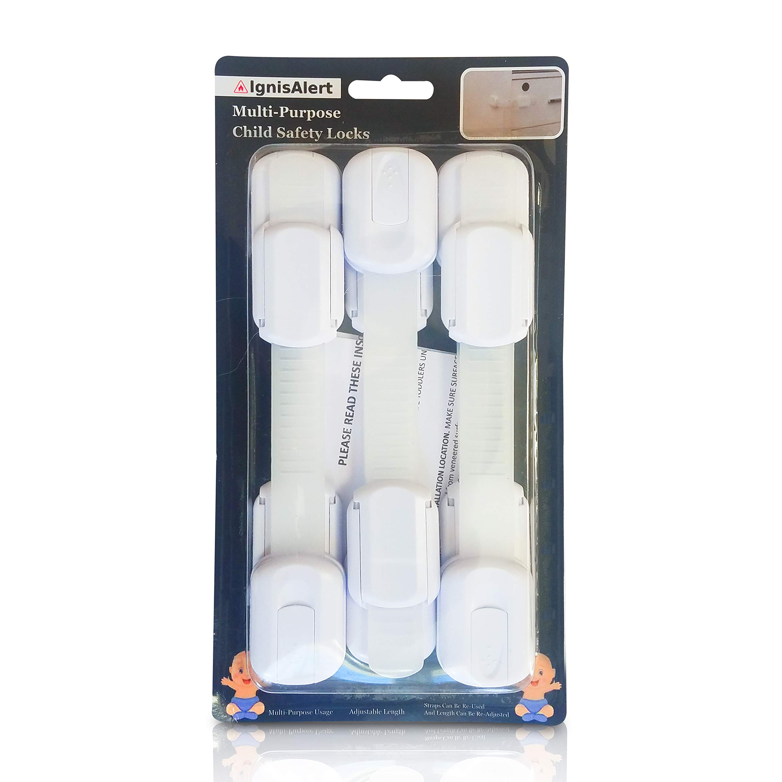 IgnisAlert Child Safety Lock Straps 6 Pack, Versatile with Strong 3M Adhesive for Fridge, Cabinets, Drawers, Dishwasher, Toilet Seats