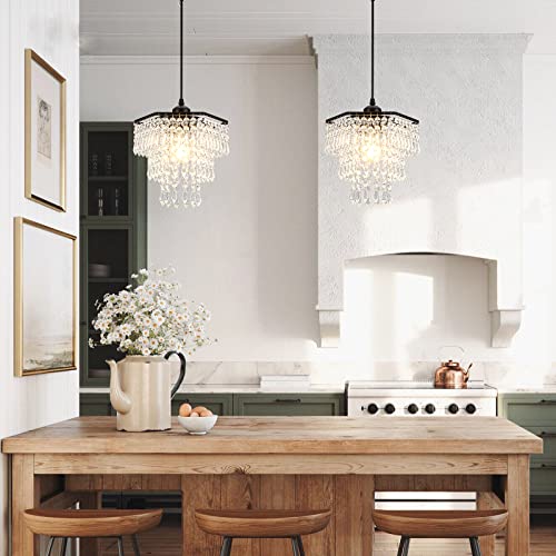 HongnuoFc 3-Tier Crystal Chandeliers Modern Mini Flush Mount Ceiling Light Fixture Hexagon Small Crystal Chandelier for Dining Room Kitchen Closet Hallway (Black, E26)