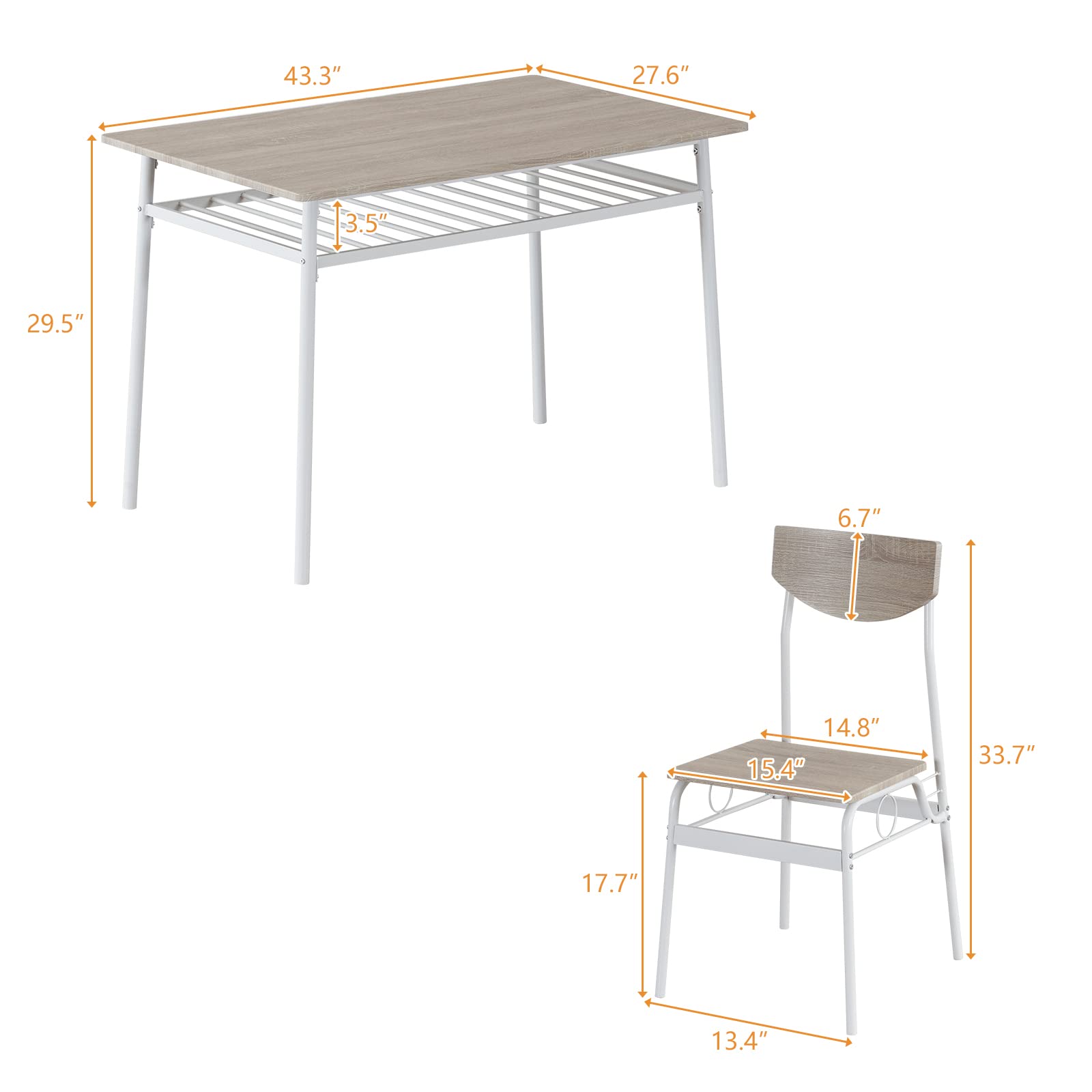 Karl home 5-Piece Dining Table Set for 4, Rectangular Table and 4 Chairs, Farmhouse Table Set for Kitchen & Dining Room, Industrial Metal Frame & Storage Rack, Save Space (White)