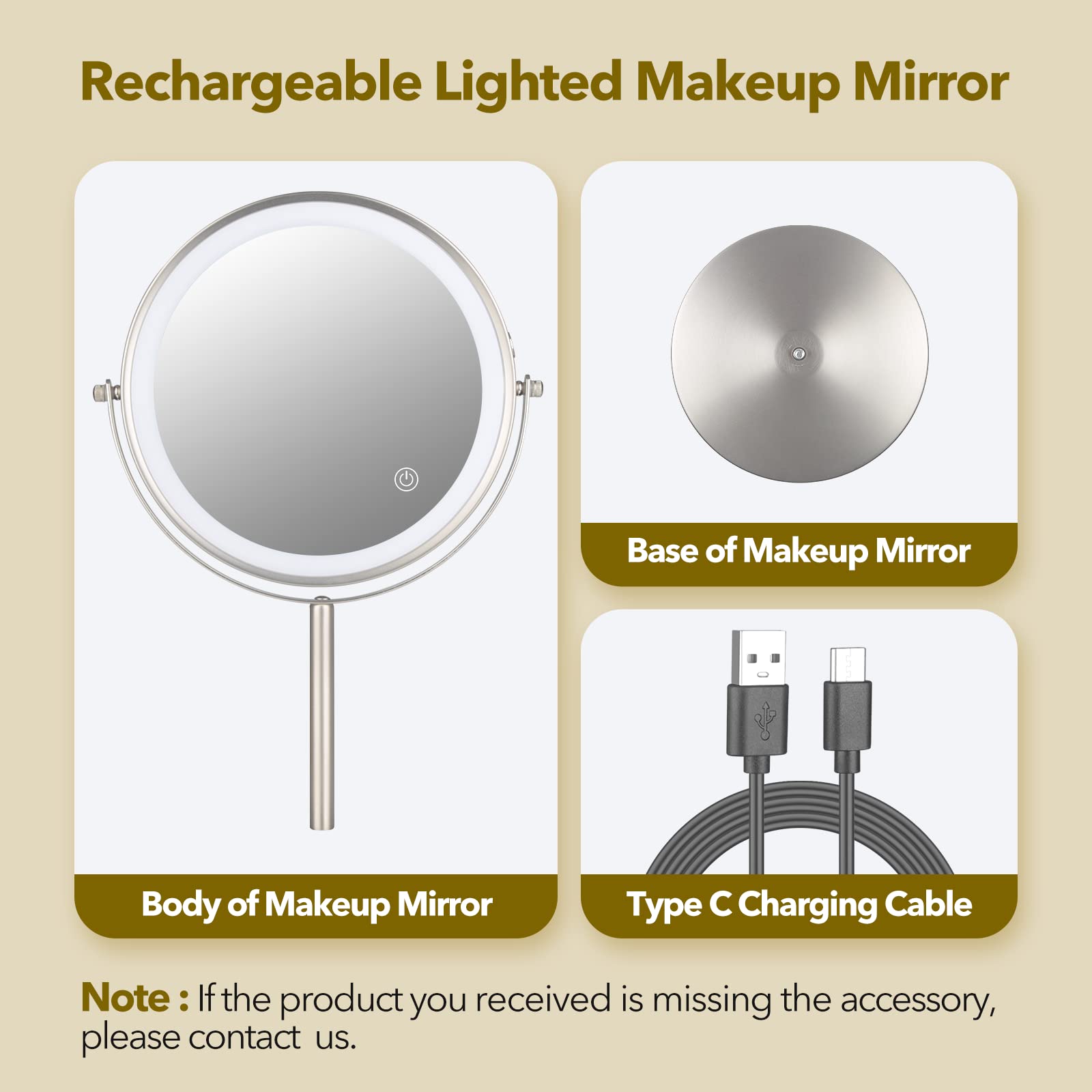 Rechargeable 8 inch Desktop Vanity Mirror with Light,3 Colors 1X/10X Table Lighted Makeup Mirror with 360° Rotation Touch Screen,LED Dimmable Desk Lit Cosmetic magnifying Mirror Brushed Nickel